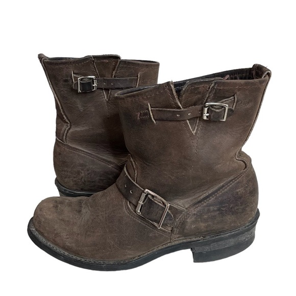 Frye | Shoes | Frye Brown Boots Veronica Short Distressed Moto Harness ...